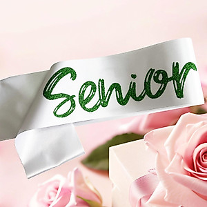 4Pcs White Senior Sash 2025 Satin with Green Glitter Letters - Senior Cheerleader 2025 Sash - 2025 Graduation Celebrations Sashes - Senior Cheer Sash - Class Competition Sashes - White Green