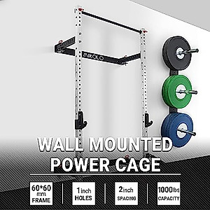 Mikolo 2.36'' x 2.36'' Folding Wall Mounted Squat Rack, 1000 Pounds Capacity Power Rack with Black Weight Bench，Pull Up Bar, J Hooks and Other Attachments, Space-Saving Home Gym，White