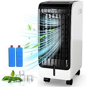 COSTWAY Evaporative Cooler, Include Remote Control, 2 Ice Packs, Portable Bladeless Fan with 3 Modes, 3 Speeds, 8H Timer, LED Display, Air Cooler for Indoor Use, Bedroom (Black)