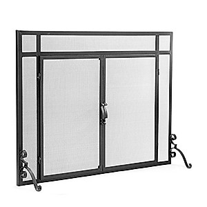 Plow & Hearth Metal Fireplace Screen Flatguard Black | 44" W x 33" H | 2 - Door | Spark Guard Indoor Grate | Iron Fire Place Cover | Wood Burning Stove Decorative Accessories