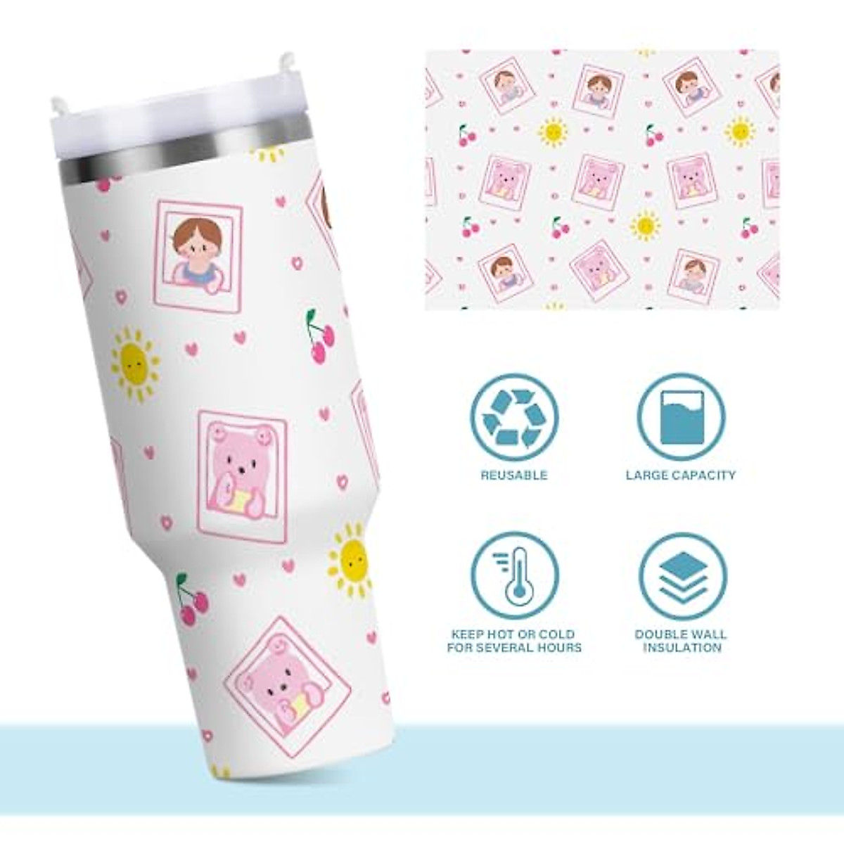 30 Oz Cute Bear Cartoon Steel Insulated Tumbler with Handle and Straw Fall Insulated Tumbler