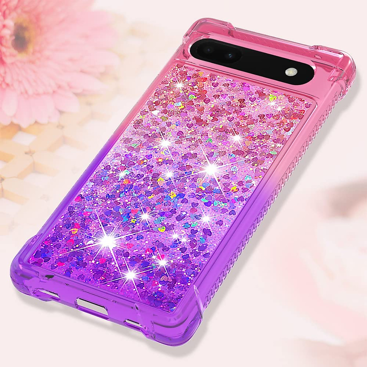 for Google Pixel 6a Case with Screen Protector, Glitter Bling Floating Liquid Women Girls Soft TPU Slim Cute Shockproof Phone Case Protective Cover for Google Pixel 6a Case -Purple Pink