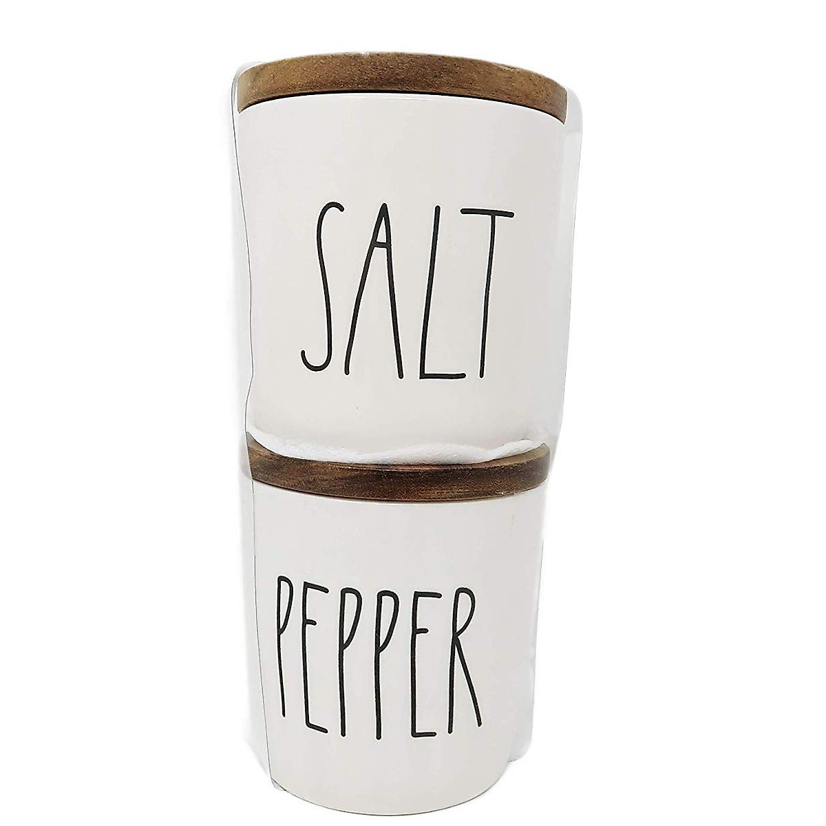 Rae Dunn SALT & PEPPER Cellars with Wood Lids - Ceramic with Large Lettering