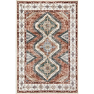 Area Rug Living Room Rugs - 9x12 Large Machine Washable Boho Carpets Vintage Persian Tribal Anti Slip Backing Thin Carpet for Under Dining Table Bedroom Farmhouse Home Office Red