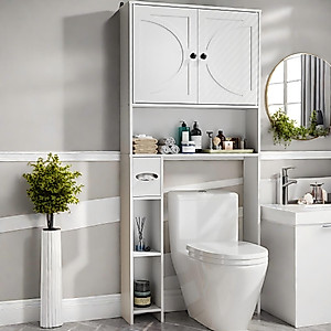 infurnic Over The Toilet Storage Cabinet, Farmhouse Wooden Bathroom Storage Organizer Bathroom Shelf, Freestanding Toilet Storage Rack Space Saver for Bathroom, Restroom, Laundry White