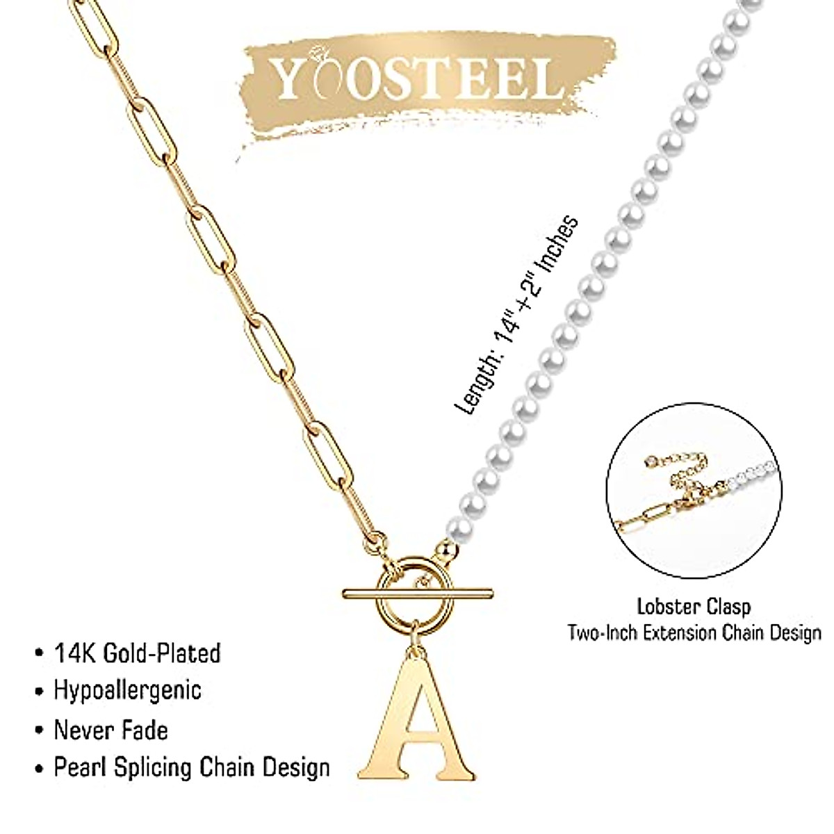 Dainty Initial Pearl Necklace for Women, 14K Gold Plated Paperclip Link Chain Necklace Toggle Clasp Necklace Initial Necklaces Gold Jewelry for Women Letter D