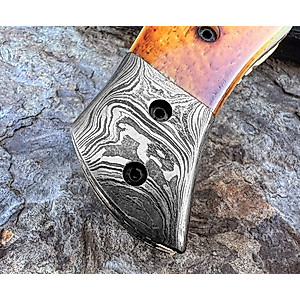 WINTERFELL Damascus Steel Hunting Pocket Knife with Burnt Camel Bone Handle and Leather Sheath - 7.5" Custom Gift Knife for Men - Unique Anniversary, Birthday gifts for Husband, Dad, Boyfriend