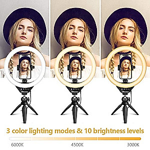 UBeesize 10" Selfie Ring Light with Tripod Stand & Cell Phone Holder, Dimmable Desktop LED Circle Light for Live Streaming/Makeup/YouTube/TIK Tok, Compatible with iOS and Android Phones