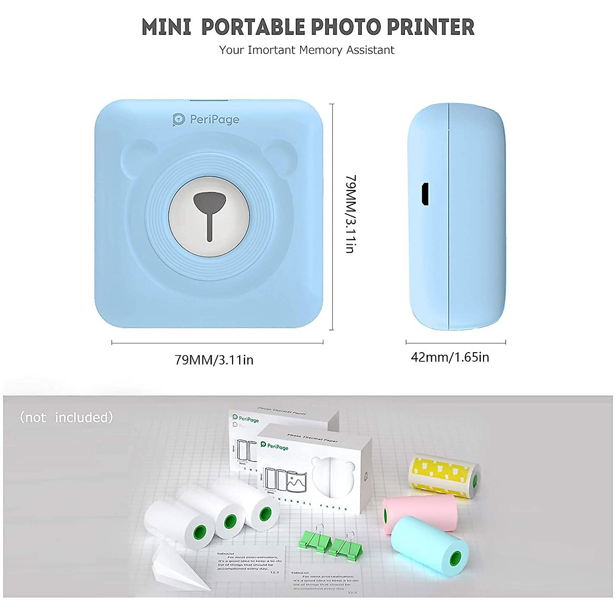 PeriPage Mini Printer, Portable Sticker Bluetooth Printer for Printing Student Notes, Journal, Memo, Mobile Printer, Pocket Printer, Received Printer with USB Cable, Supports Android iOS Windows-Blue