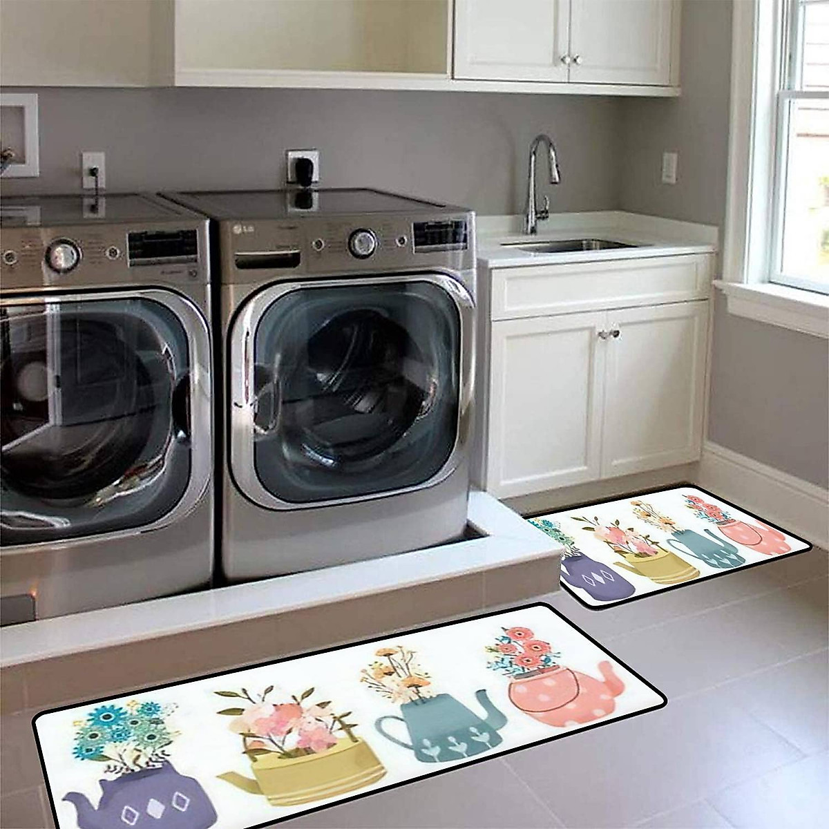 Kitchen Rugs Set Bouquet Flower teapot Set Graphic About Flower Kitchen Mat for Floor Non-Slip Washable Kitchen Runner Doormat Bath Rug Carpet Comfort Standing Mats Decorations