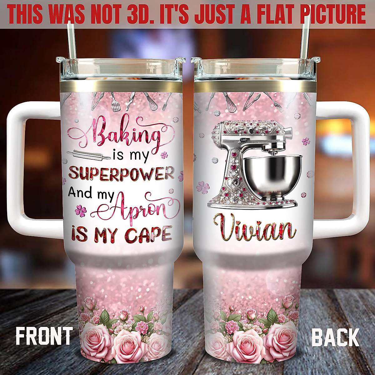 WAZONE Personalized Baking Tumbler 40oz with Handle and Straw Custom Name Jewelry Style Vacuum Insulated Travel Mug Cup Pastry Chef Cooking Themed Gifts For Cute Baker Women Who Love To Bake