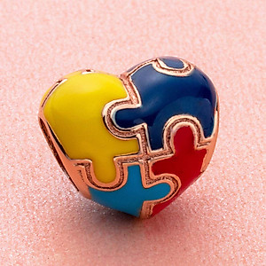 HOMIEBUDS Autism Awareness Charm, Rose Gold Puzzle Pieces Charms, fits DIY Snake Bracelet, 925 925 Sterling Silver Heart Beads Colorful Enamel Charms, Love Gifts for Women/Men/Girls/Boys