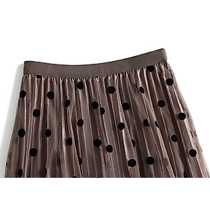 Qoinied Women's Polka Dot Mesh Half-Body Skirt High-Waisted Draped Pleated Skirt Large Hem Tulle A-line Midi Skirts Khaki