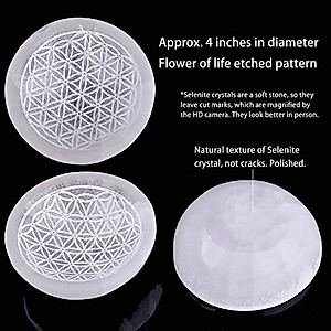 CNYANFEI 4” Flower of Life Etched Selenite Bowl for Charging Selenite Tray Natural Crystal Holder Bowl White Satin Spar Crystal Decorative Stone Bowl for Jewelry Storage Gemstone Altar Decor