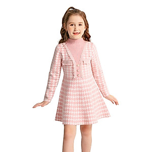 SMILING PINKER Girls Dresses Houndstooth Knitted Sweater Flare Winter Dress Mock Neck (Pink, 8-9 Years)