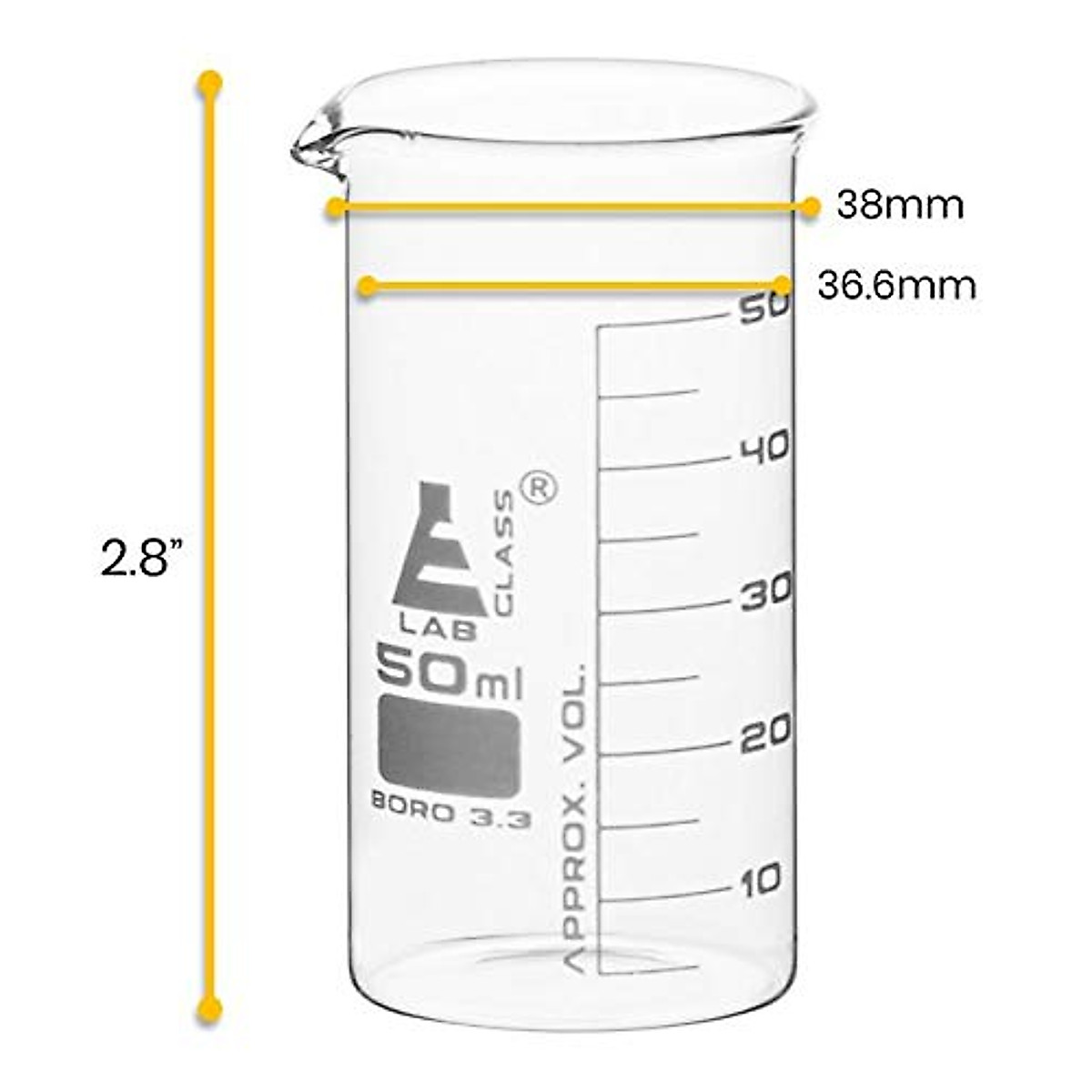 EISCO Beaker, 50ml - Tall Form with Spout - White, 5ml Graduations - Borosilicate 3.3 Glass