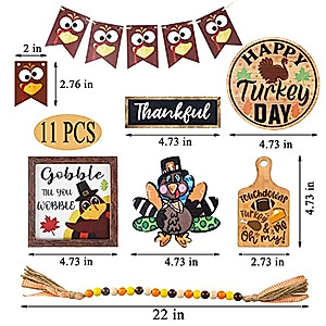 11Pcs Thanksgiving Turkey Tray Decor Fall Decorations Gobble Till You Wobble Thankful Wooden Signs and Thanksgiving Bead Garland Farmhouse Rustic Tiered Tray Decor for Home Table