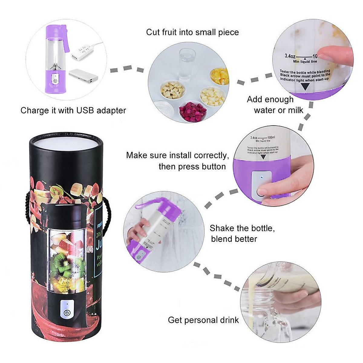 Portable Blender, Type-C Rechargeable Travel Juicer Cup + Glass Tumbler with Straw and Lid