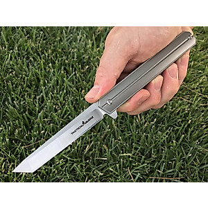 TACTICAL GEARZ Premium Titanium EDC Pocket Knife! Solid Tc4 Titanium Handle! D2 Steel Tanto Blade! Includes Sheath! Seren (Platinum)