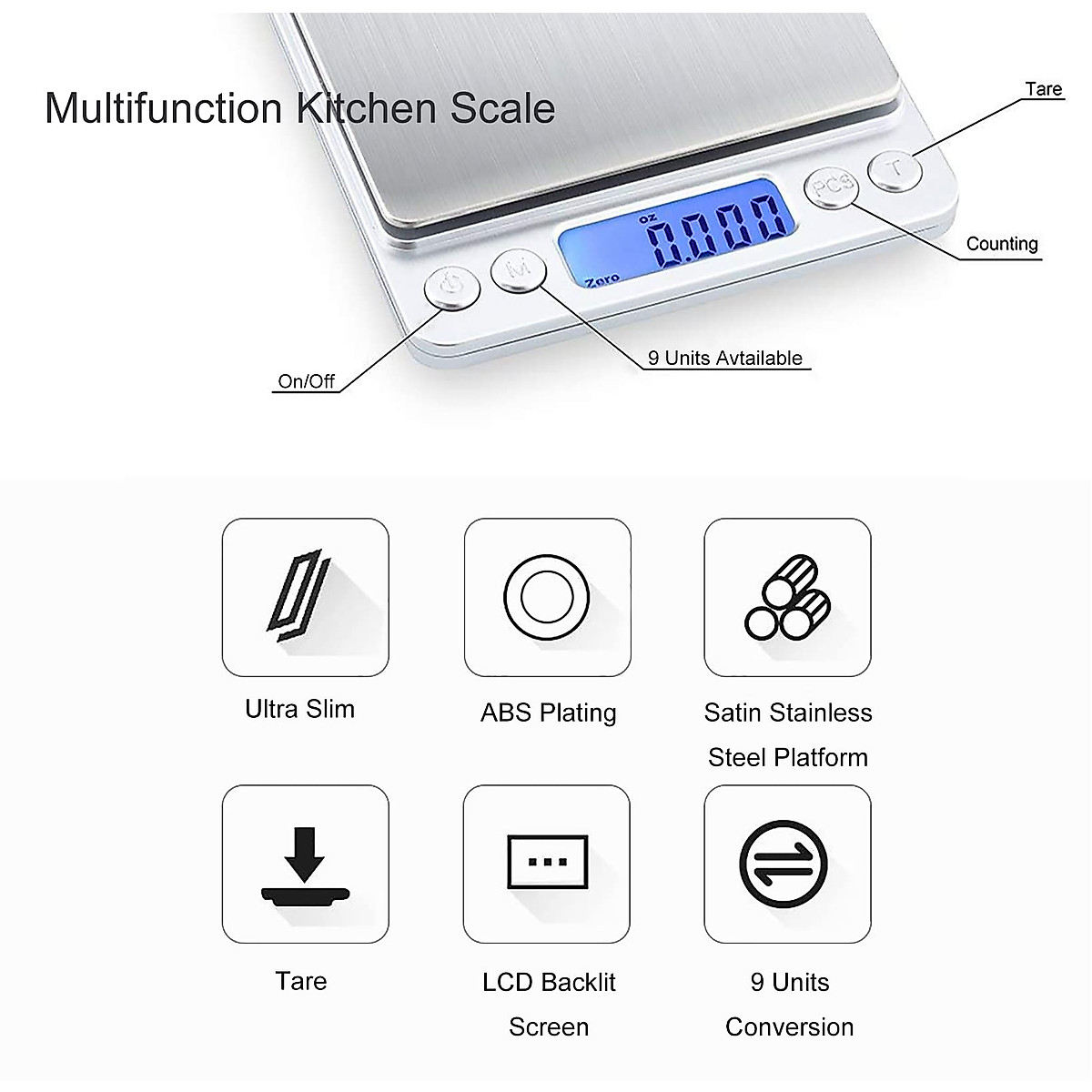 JOEAA Food Scale Digital Weight 3000g/0.1g Oz Grams and Ounces Kitchen Scale for Cooking Baking with Backlight LCD Display, Tare, 9 Units, Auto Off, 2 Trays, Batteries Included - Stainless Steel