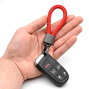 FEYOUN Universal Red Leather Car Fob Keychain Metal Keyring Woven Strap Braided Rope Key Chain for Men and Women - Matte Black Color, with 360 Degree Rotatable D-ring and Screwdriver
