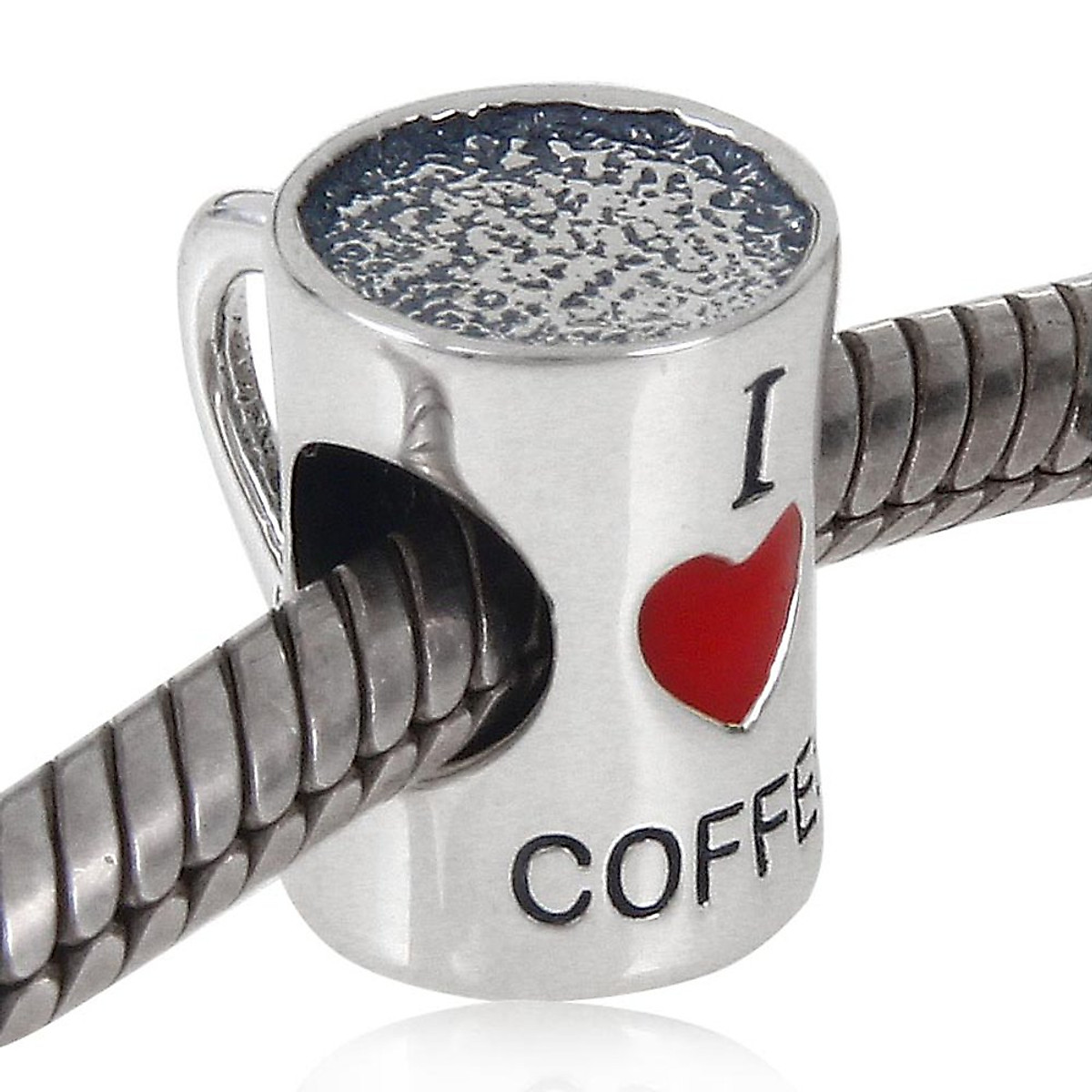Choruslove I Love Savoury Coffee Cup Charms, 925 Sterling Silver Red Enamel Heart Coffe Mug Beads, Compatible with Pandora Charm Bracelet Gift for Friends/Wife