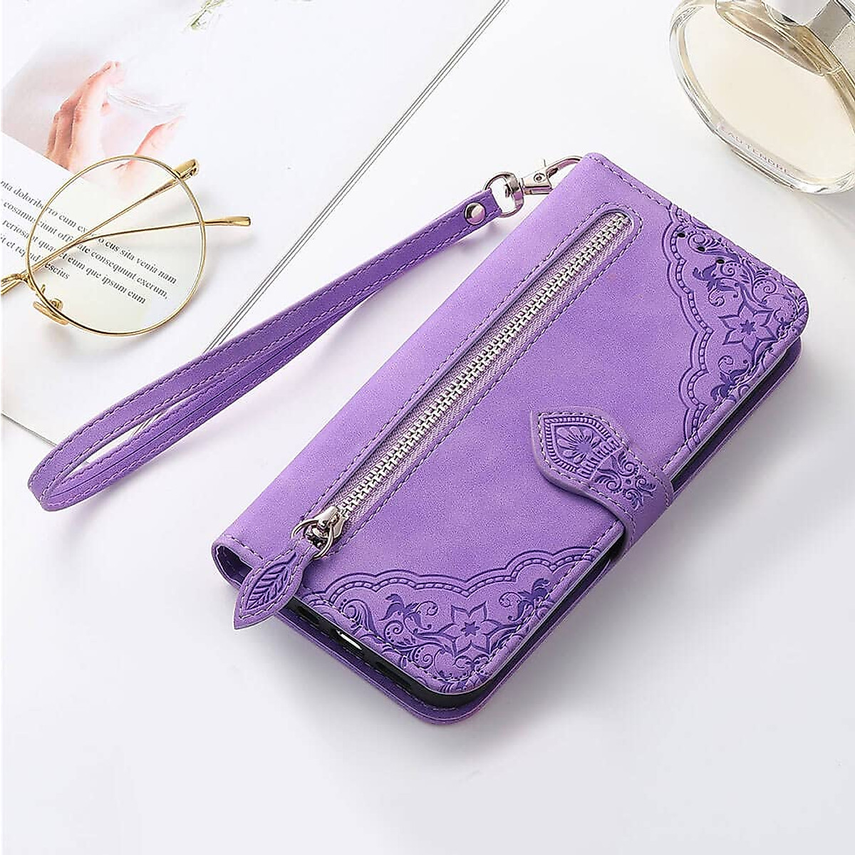 KRHGEIK for Samsung Galaxy S21 5G Phone Case Wallet for Women,Emboss PU Leather Cover Magnetic Wrist Strap Zipper Card Holder Flip Protective Case (Purple)