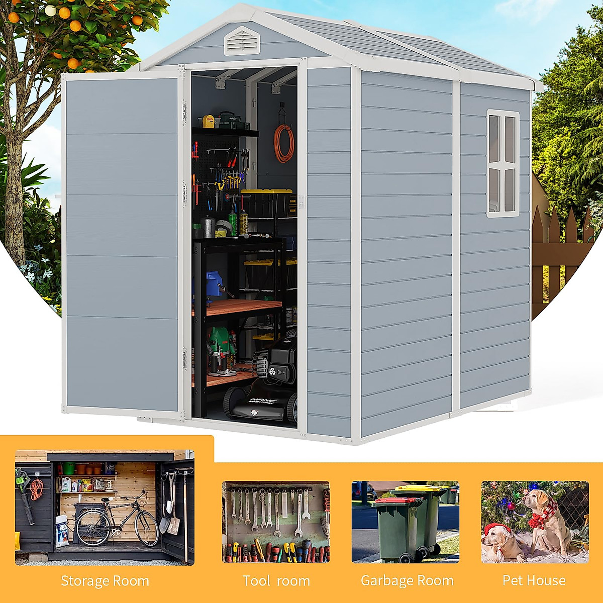 Jolydale 6’x4’ Outdoor Storage Resin Shed, Resin Utility Tool Shed Storage House with Lockable Door, for Backyard, Patio, Garden Bikes and Pool Accessories, Grey