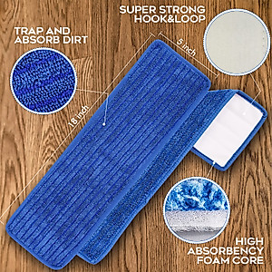 Matthew 18'' Microfiber Mop Replacement Pads for Wet Dry Reusable Mops Floor Home Commercial Cleaning Refills, Machine Washable Compatible with Bona Mop&Any Microfiber Flat Mop System Blue (3 Pack)