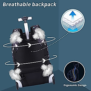 Tanou Rolling Backpack for Kids Adults, 18" Waterproof Backpack with Wheels for Girls Boys, Roller Bookbags for School Travel, Age 7+, Black Horse