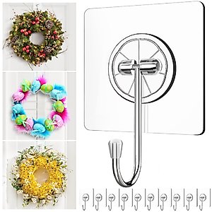Wreath-Hangers-for-Front-Door,Large Clear Wreath-Door-Hanger-Easter-Christmas-Halloween-Decorations,60lb Over-The-Door-Hooks Glass Door,Adhesive-Wall-Hooks for Hanging Wreath Home-Decor Inside Outside