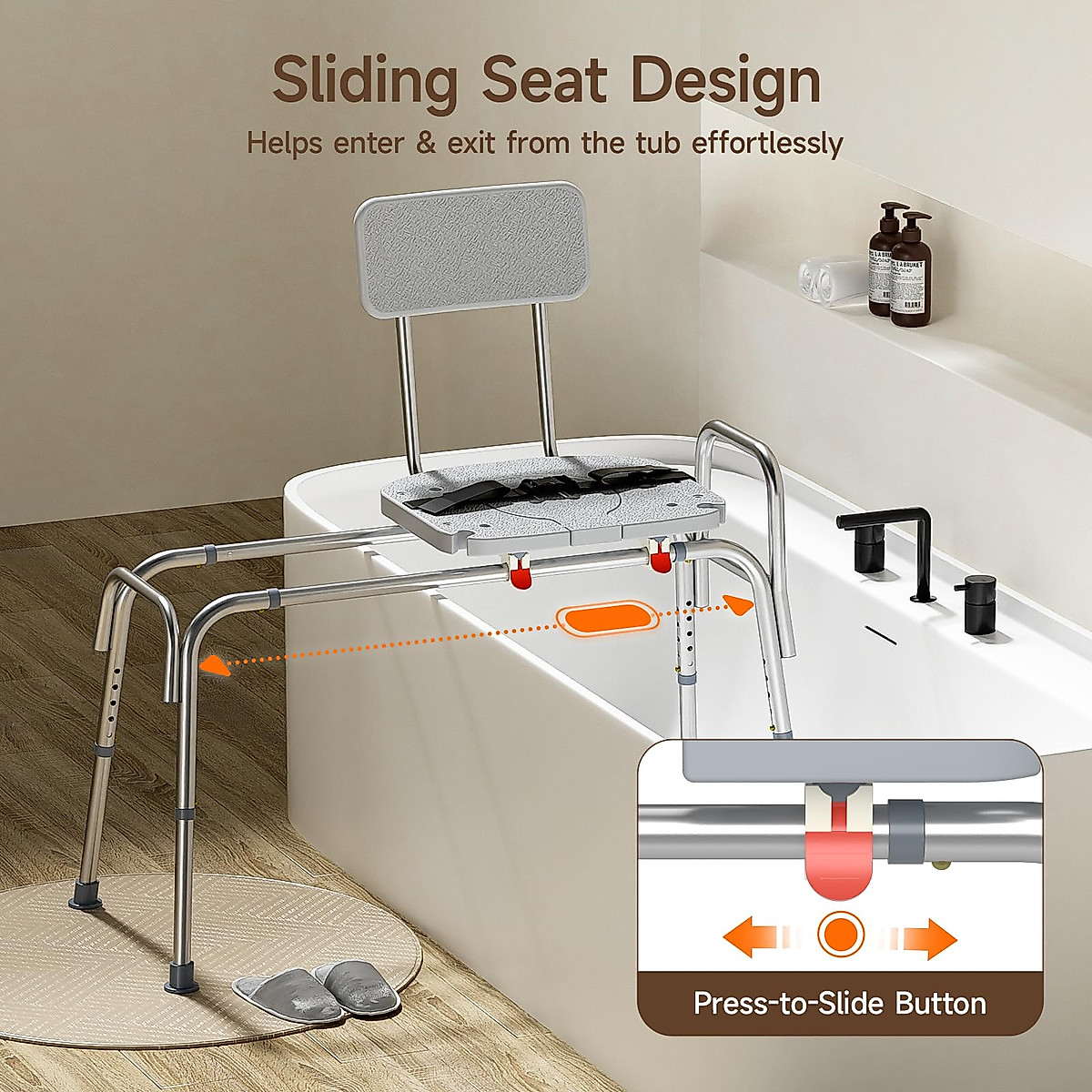 WAYES Sliding Shower Chair and Tub Transfer Benches with Cutout Access, Adjustable Seat Height and Safety Belt, Bath and Shower Safety for Seniors, Quick Tool-Less Assembly