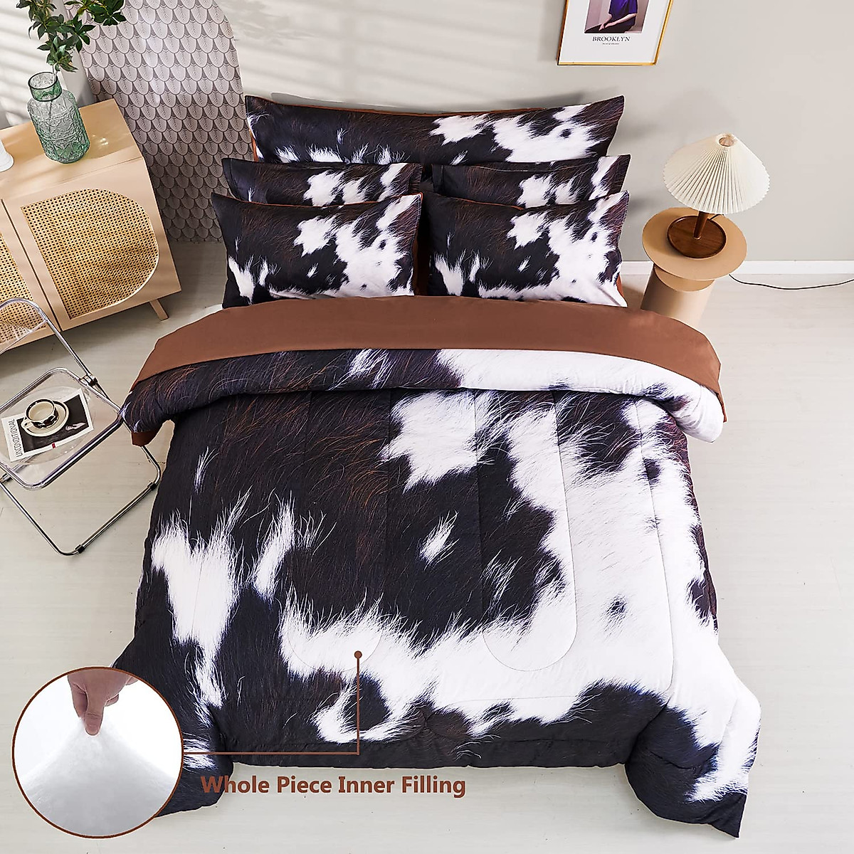 SUCSES Cow Print Comforter Set Queen Size, 8Pcs Cow Fur Print Bed in A Bed, Western Highland Cowhide Bedding Sets with Comforter and Sheets, Super Soft Farmhouse Style Bed Quilt Set for Teens Boys