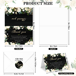 BYBOUS 25 Pack Black Funeral Thank You Cards with Envelopes, 4×6In Watercolor Flowers Sympathy Bereavement Thank You Card on the Inside for Funeral Memorial Family Loved Ones Celebration of Life