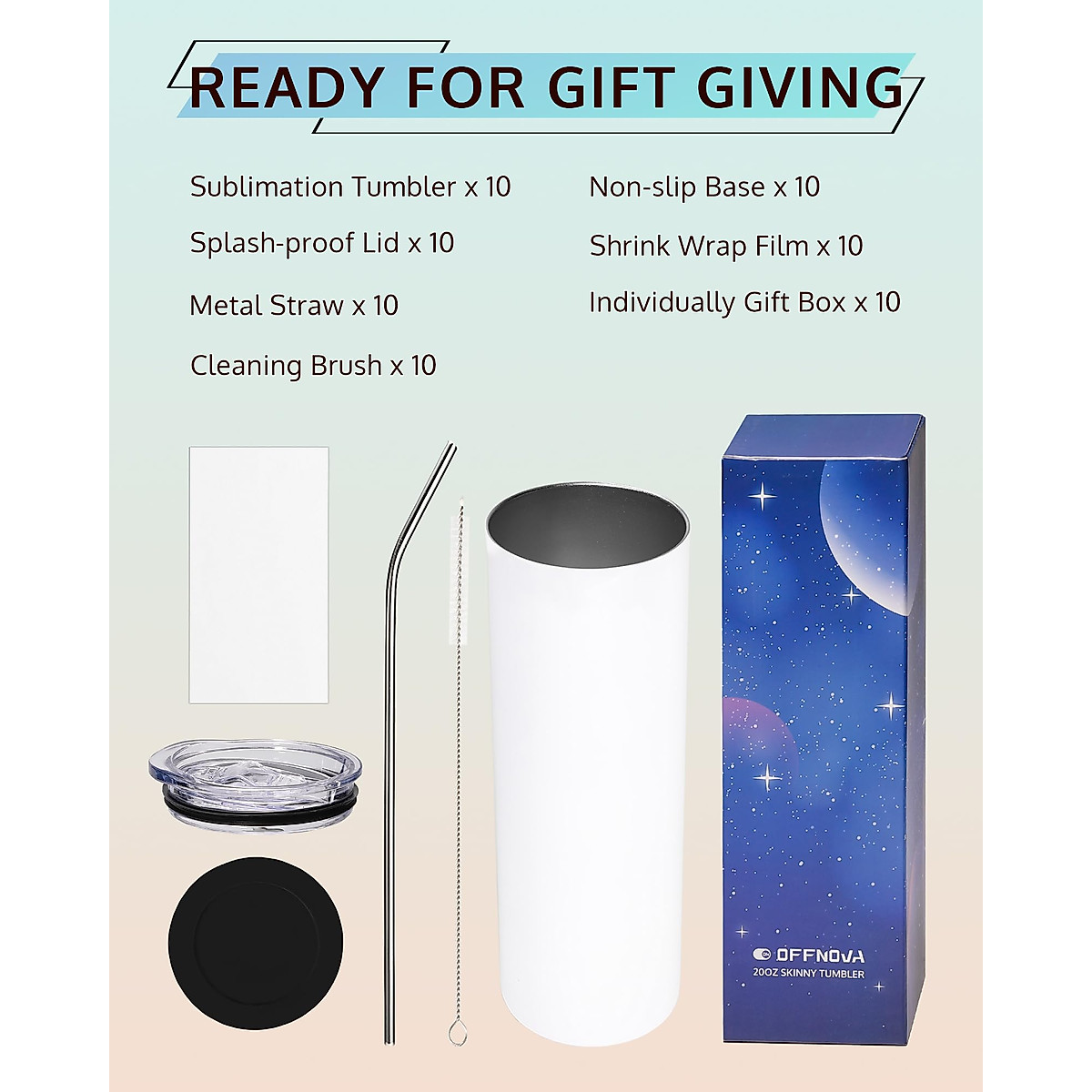 OFFNOVA 10Pack Sublimation Tumblers Blank, 20oz Skinny Straight Tumbler Bulk for Heat Transfer, Double Wall Insulated Tumbler with Individually Boxes, Shrink Wrap, Cleaning Brush