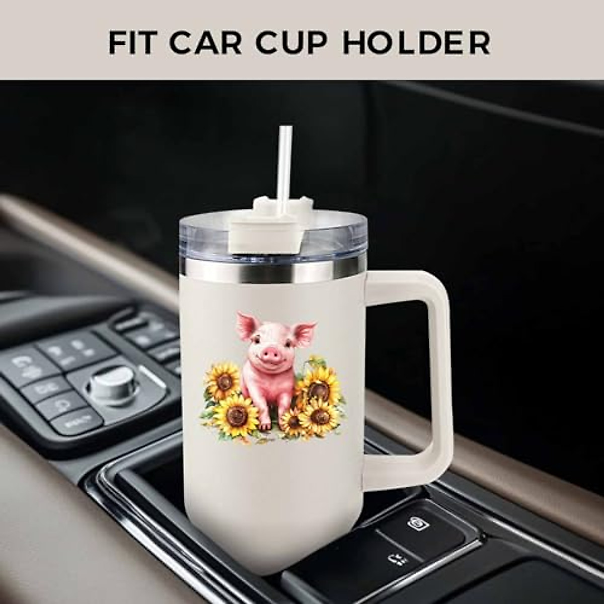 LB LEOBON 40 ounce insulated cup with handle, double-layer vacuum stainless steel material, equipped with straw, can keep warm or maintain cold drinks Pink Pig Sunflower white