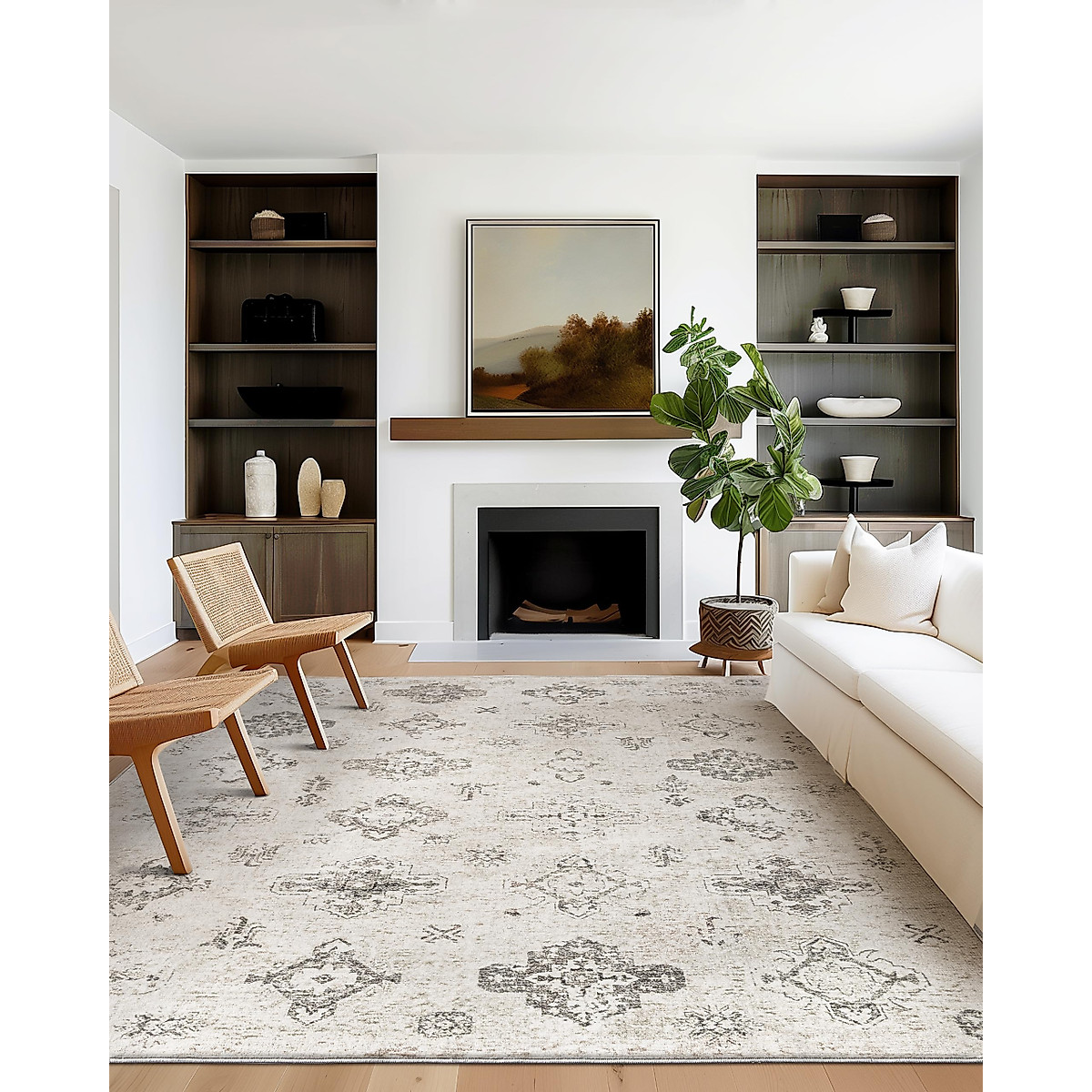 Disolla Washable Moroccan Area Rug 8x10ft for Living Room Bedroom Large Soft Indoor Decor Carpet Non Slip Distressed Neutral Low Pile Floor Rugs for Dining Room Office, Beige & Gray