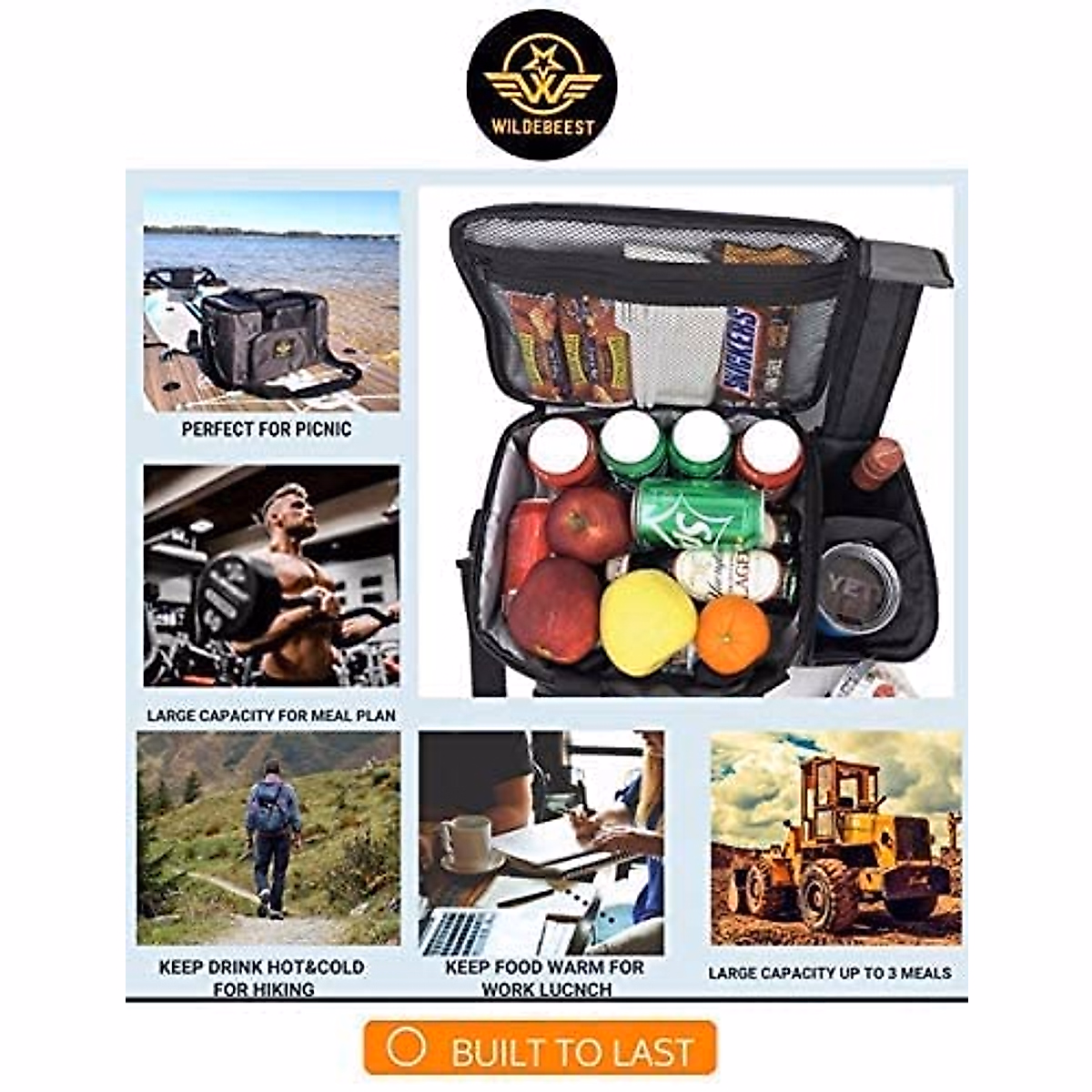 Wildebeest Large Lunch Box Insulated Leakproof Cooler Bag Reusable Lunch Bag for Adult (Grey)