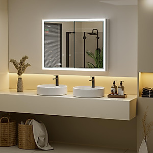 QueenFun 40x30 Recessed or Surface LED Medicine Cabinet with Mirror, 3 Color Dimmable Fogless Lighted Medicine Cabinet with Outlet and Adjustable Shelves,Time Display & Built-in Auto-Sensing Light