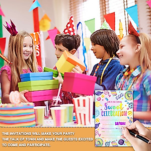 Chuxvon Sweet Celebration Birthday Party Invitations, Sweet Candy Birthday Invitation, Double-Sided Rainbow Tie Dye Fill In Invites, Kids Birthday Party Decorations, 20 Cards With 20 Envelopes(C11)