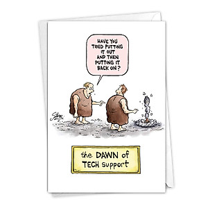 NobleWorks - 1 Funny Birthday Card Cartoons - Hilarious Comic Humor, Notecard with Envelope - Dawn of Tech Support C4038BDG