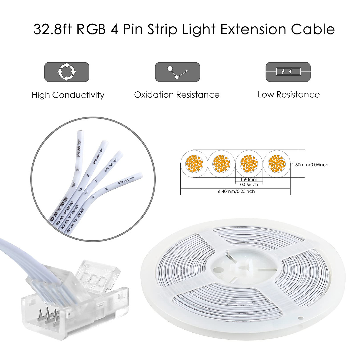 RGBZONE 𝟰 𝗣𝗶𝗻 𝟭𝟬𝗺𝗺 𝗟𝗘𝗗 𝗦𝘁𝗿𝗶𝗽 𝗖𝗼𝗻𝗻𝗲𝗰𝘁𝗼𝗿 𝗞𝗶𝘁 32.8ft 4 Pin RGB Extension Wire and 5 Pcs 4 Pin LED Strip to Wire Connectors for 10mm IP20/IP65 5050 3528 SMD RGB LED Strip Light