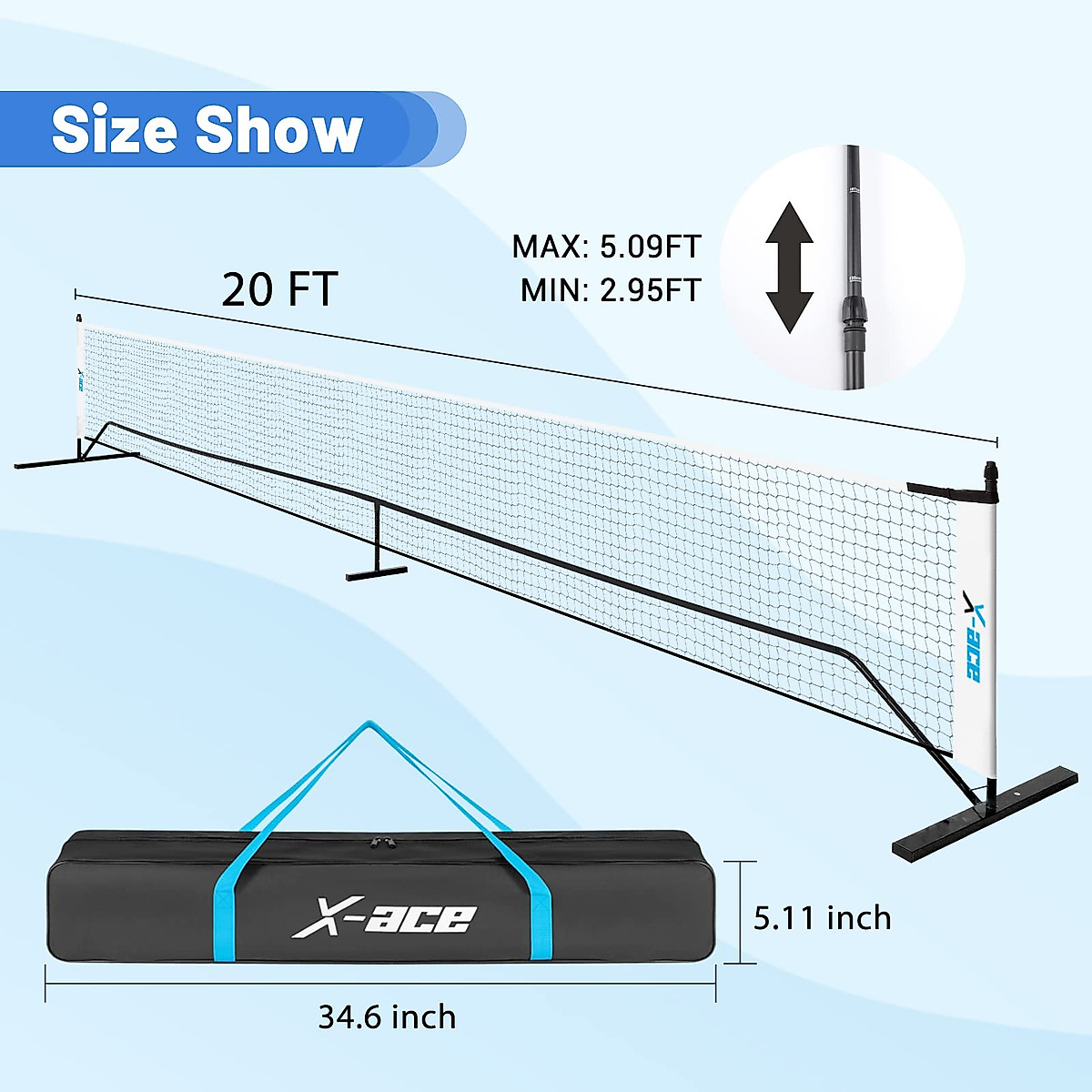 X-ACE Portable Badminton Net 20FT- Adjustable Height Badmitton Net for Tennis, Soccer Tennis, Pickleball- Durable Construction&Easy Set-Up (2023NET)