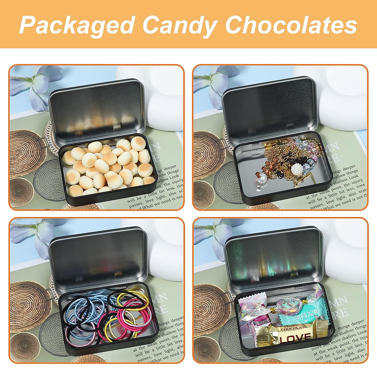 Tin Box with Lid, Small Metal Box Rectangular Hinged Lids Tin Empty Tins Box Containers Mini Cookie Tin Case Portable Metal Tins with Lids for Candies Soaps Earrings Jewelry Crafts Gifts, Black