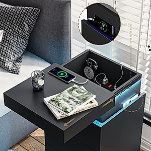 ADORNEVE Nightstand with Charging Station and LED Lights,Night Stand with Sliding Top,Bedside Table with Drawers,Modern End Side Table for Bedroom,Black