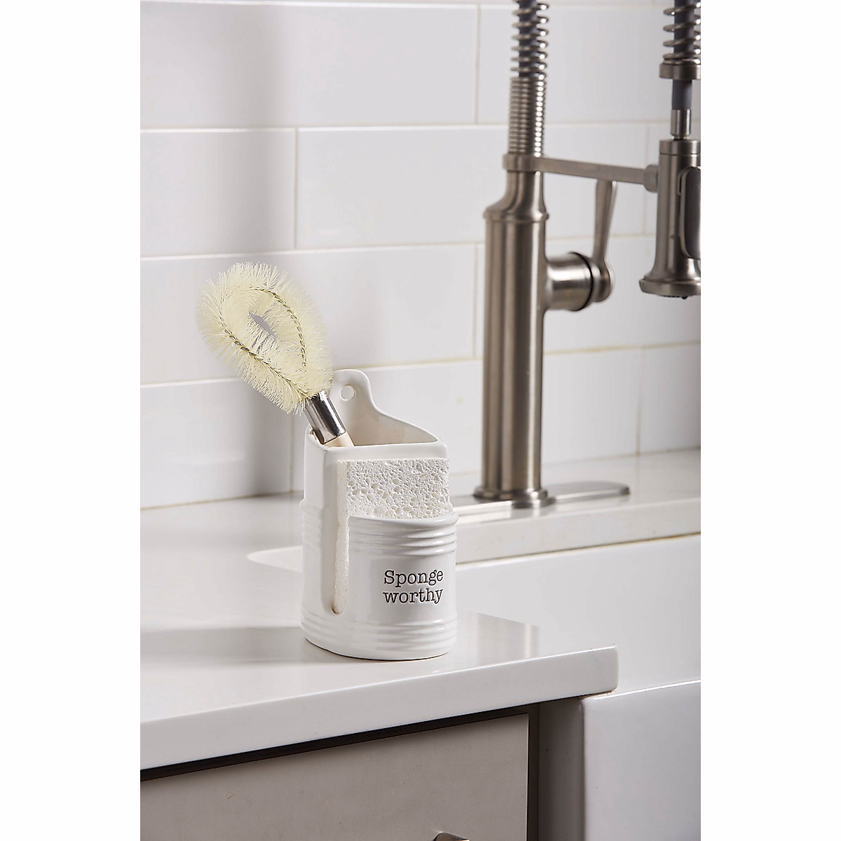 Mud Pie White Ceramic Sponge and Brush Holder Set