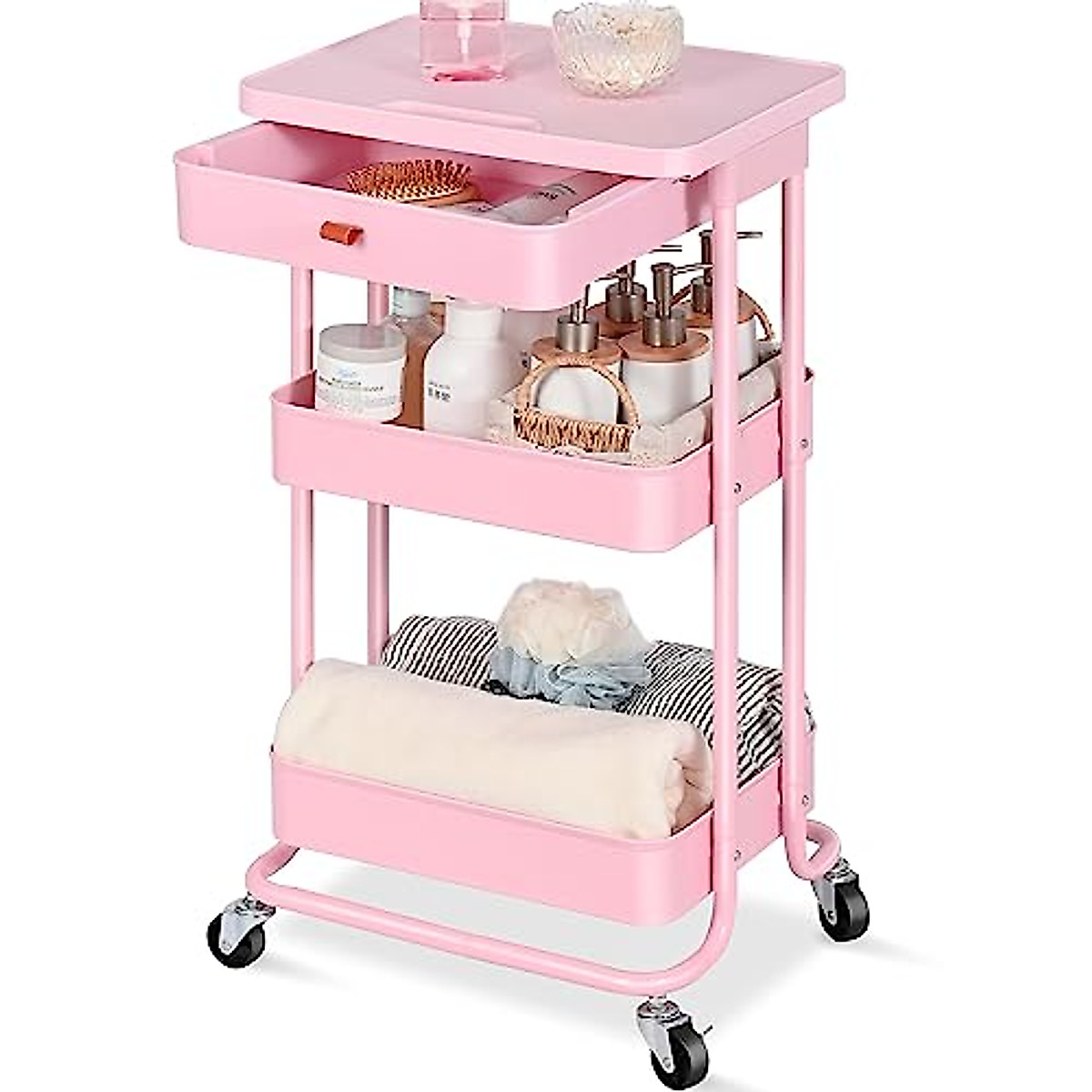 TOOLF Rolling Storage Cart with Drawer & Table Top, 3 Tier Metal Rolling Utility Cart, Rolling Cart Organizer for Teacher Craft Baby Nursery, Utility Cart for Kitchen Bathroom Bedside Office(Pink)