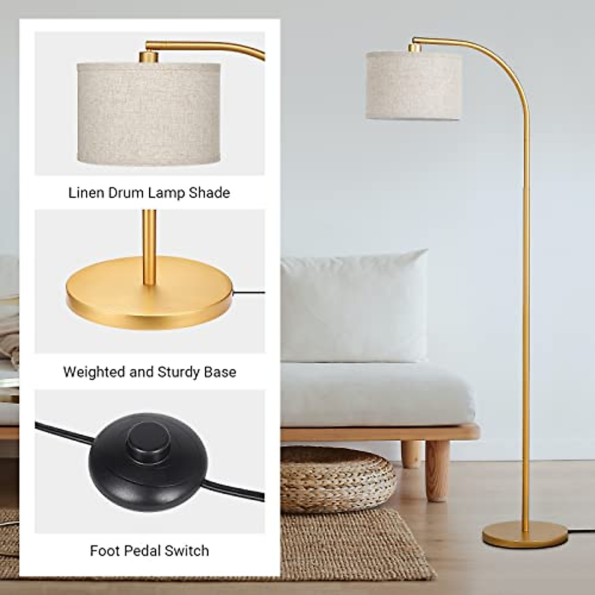 DEWENWILS Modern Arched Floor Lamps with Adjustable Lampshade, Standing Tall Arc Lamp, Corner Reading Light for Living Room, Bedroom, Office, Simple Design Farmhouse Style (Gold)