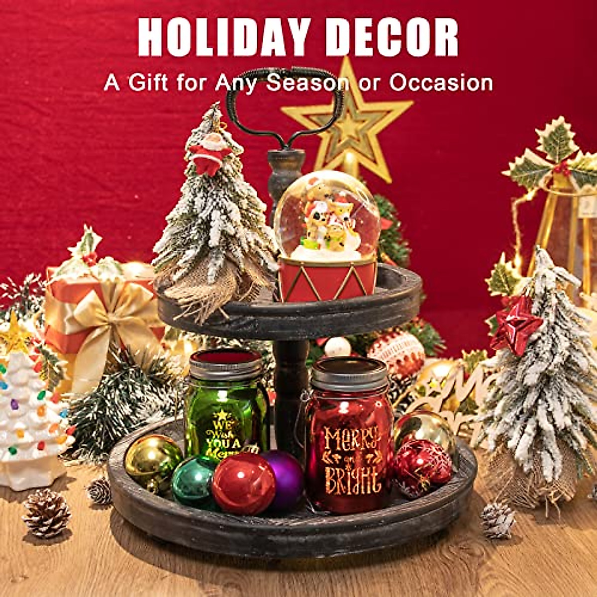 Vipush Farmhouse Two Tiered Tray,Distressed Wood Two Tier Tray,Decorative Rustic Wooden 2 Tier Serving Tray Cake Stand for Kitchen and Seasonal Decor,Black