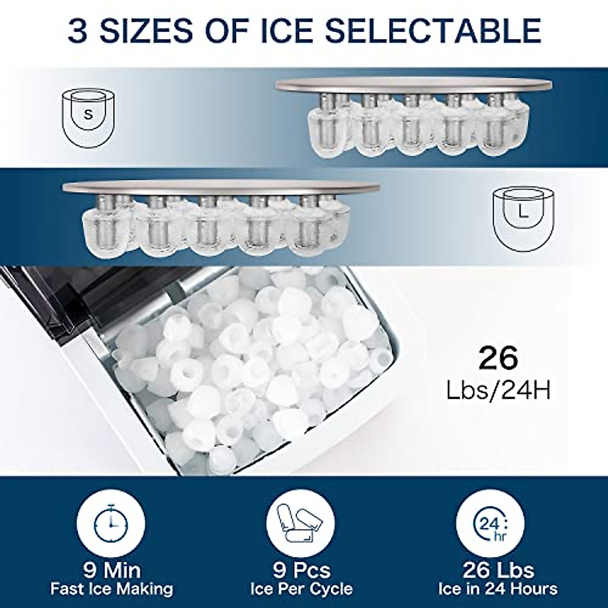 Ice Maker Machine for Countertop with Automatic Self-Cleaning, 9 Bullet Ice Cube Ready in 7-9 Minutes, 26Lbs/24H Portable Ice Makers with LCD, S/M/L Ice Size with Scoop and Basket for Home/Bar/Office